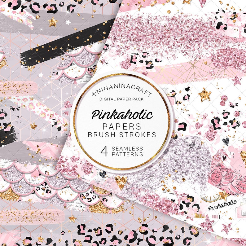 Pink Glamour Brush Strokes Seamless Patterns, Digital Papers With ...