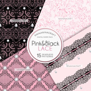 Pink and Black Lace Seamless Patterns, Elegant Digital Papers Pack by ...