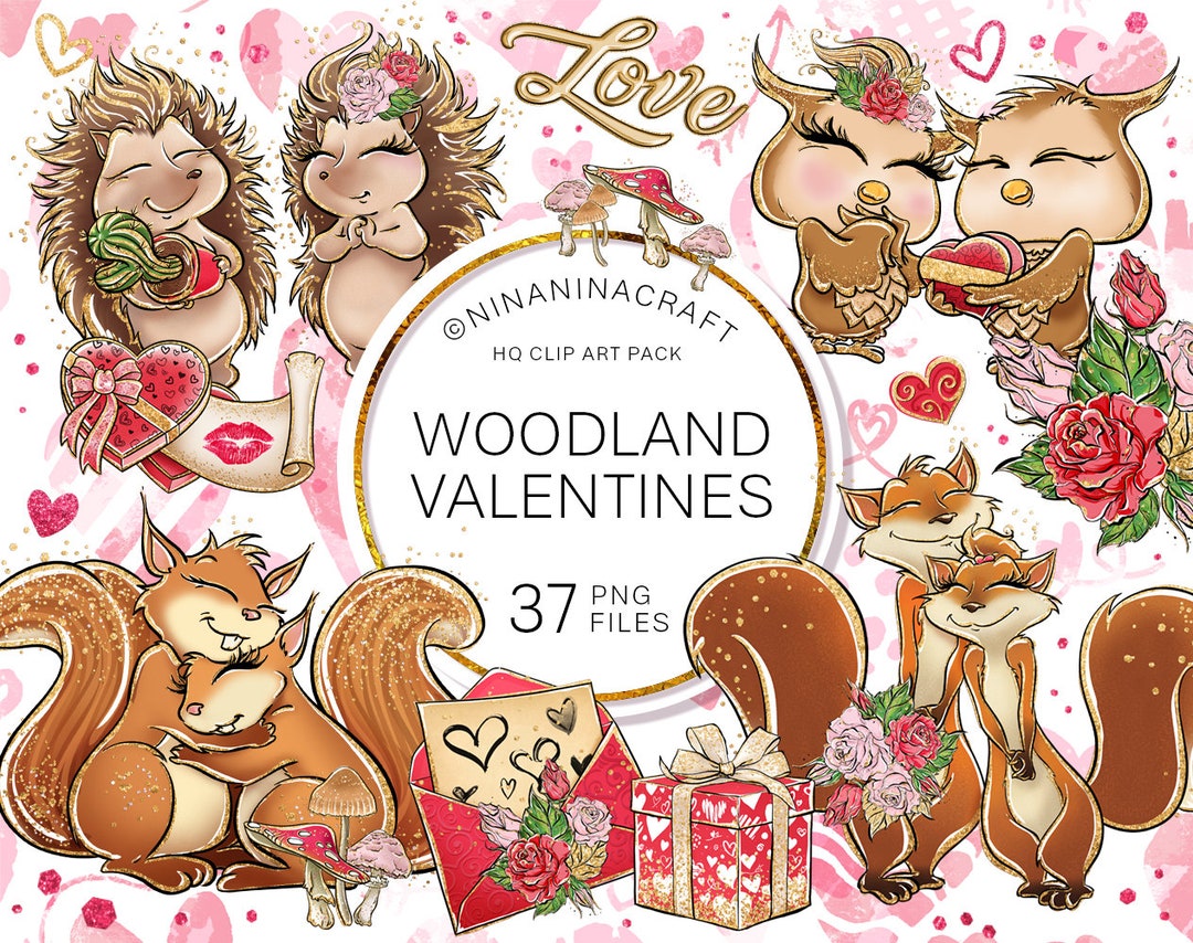 Woodland Animals Valentine's Day Clipart, Valentines Clip Art, Cute ...