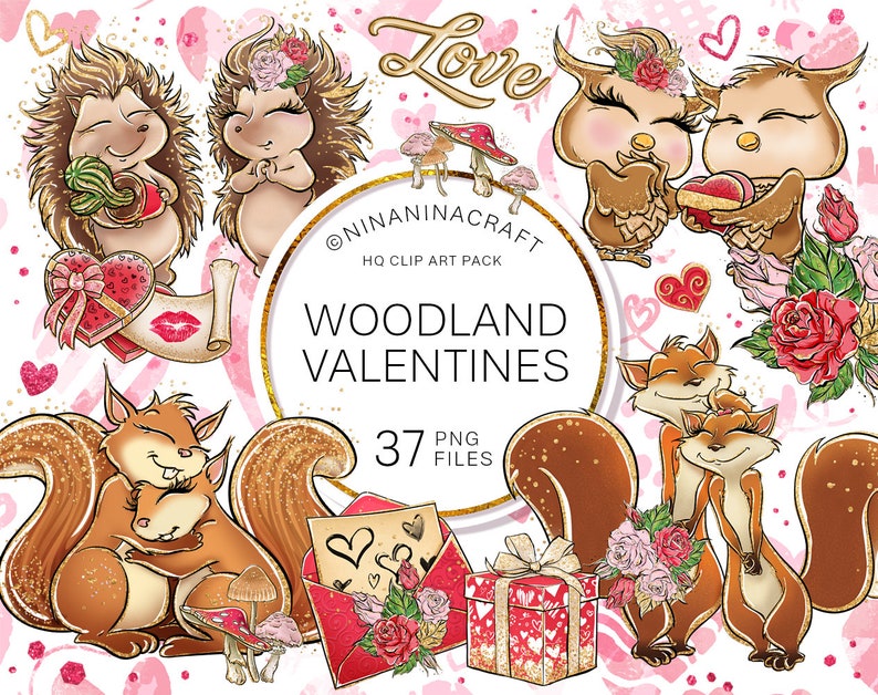 Woodland Animals Valentine's Day Clipart Valentines Clip | Etsy