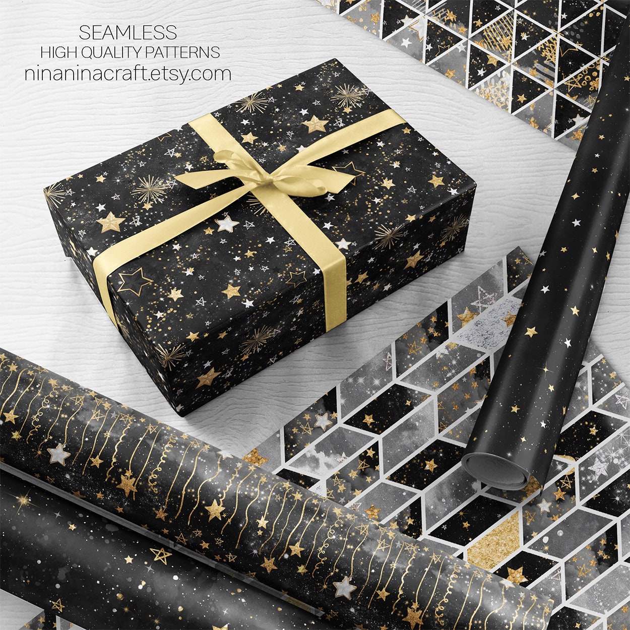 Stars Digital Papers, Gold Glitter Seamless Pattern, Black and White ...