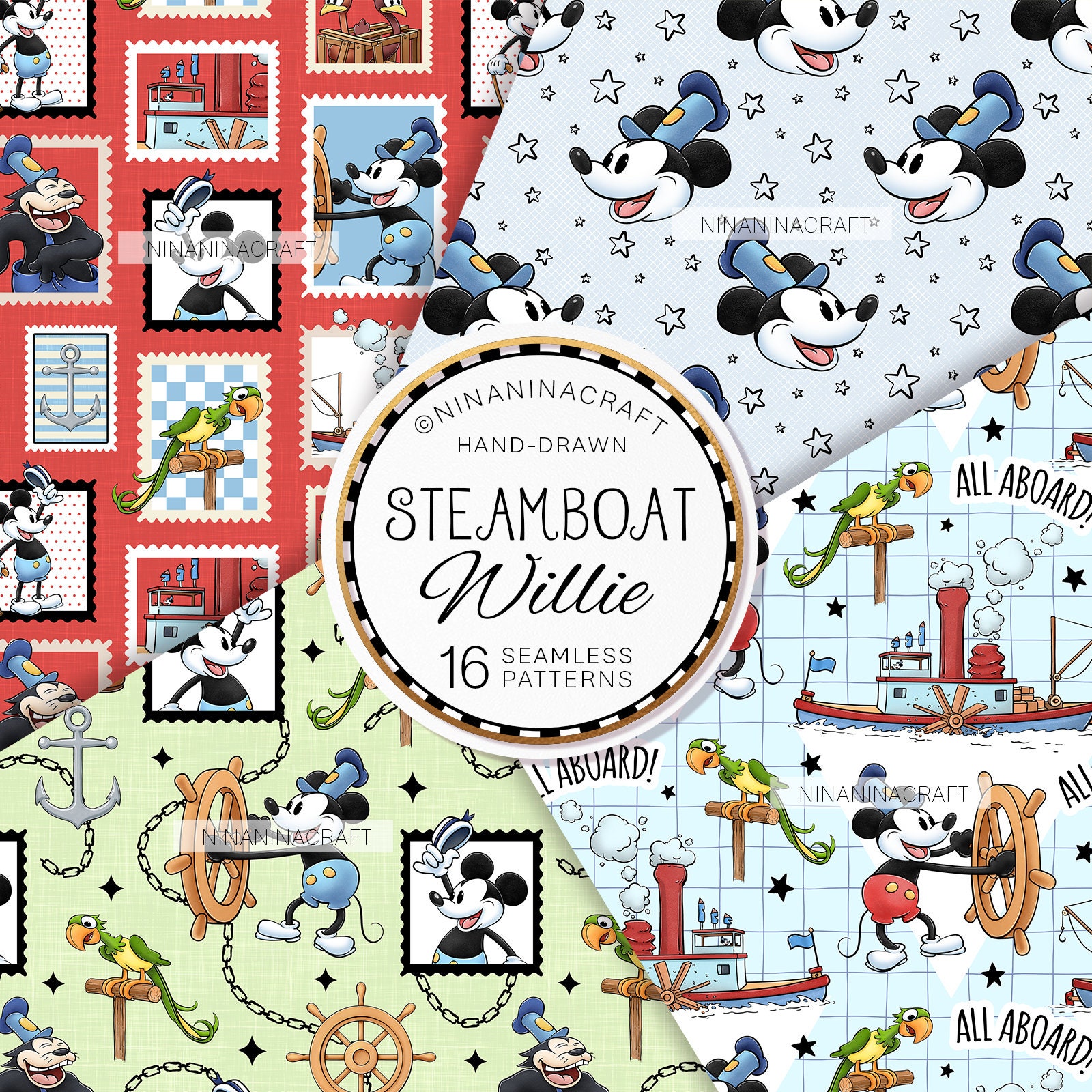 Steamboat Willie Seamless Pattern Pack, Hand-drawn Nautical Digital ...