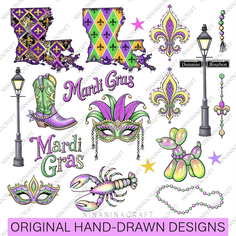 Mardi Gras Clipart by Ninaninacraft, Hand Drawn Clip Art Pack, Mardi ...