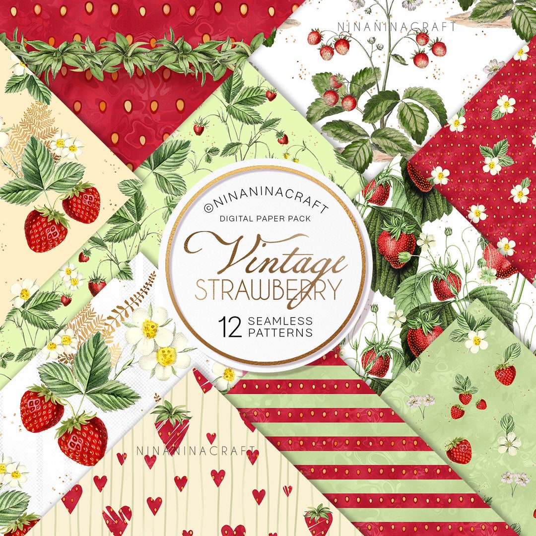 Vintage Strawberry Seamless Patterns, Retro Floral Digital Papers by ...