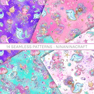 Mermaid Digital Papers, Colorful Sea Seamless Patterns, Rainbow ...