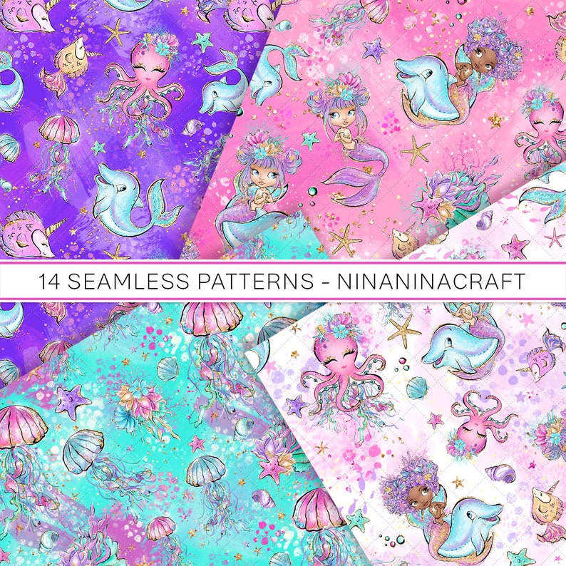 Mermaid Digital Papers, Colorful Sea Seamless Patterns, Rainbow ...