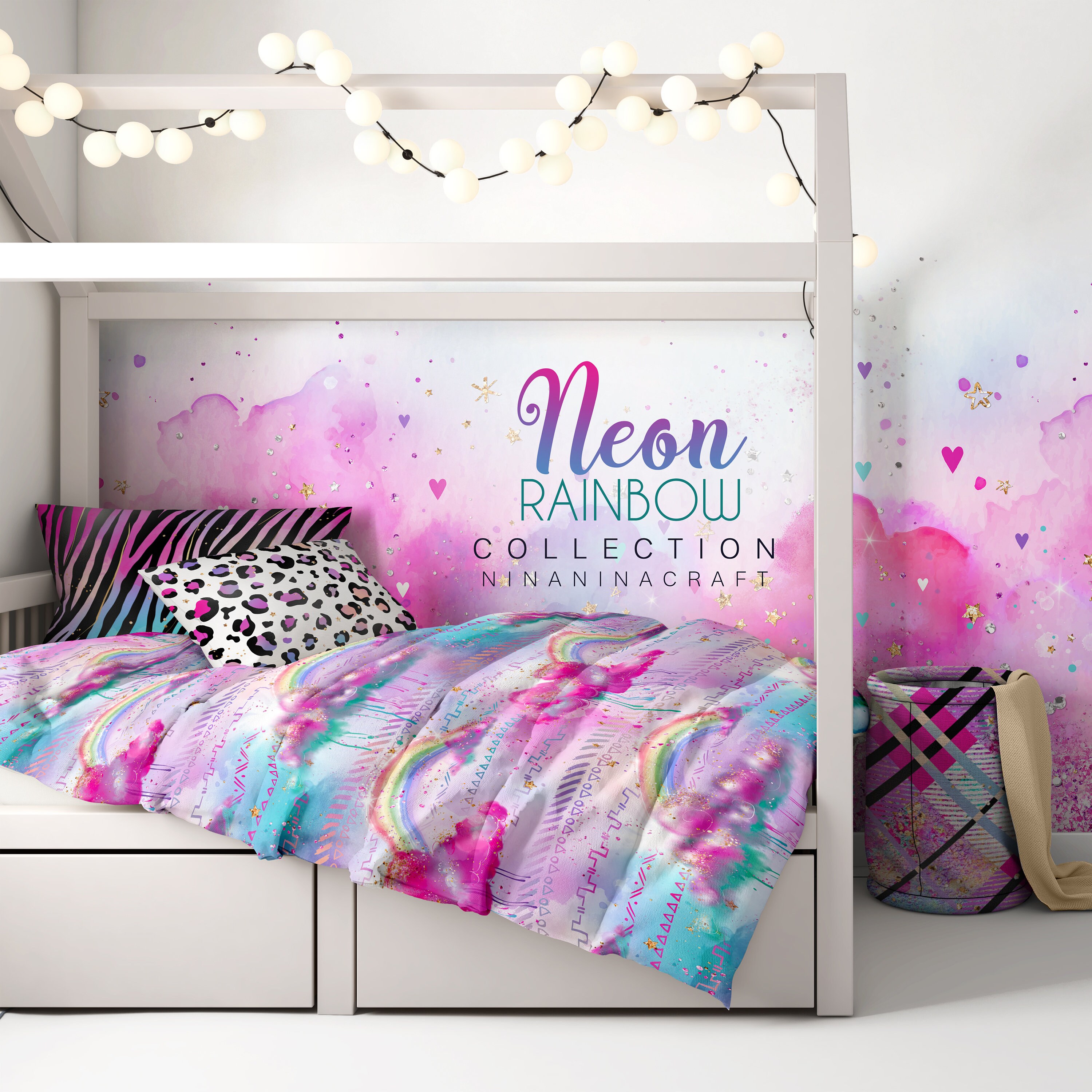 Neon Rainbow Digital Papers by Ninaninacraft, Colorful Hot Pink ...