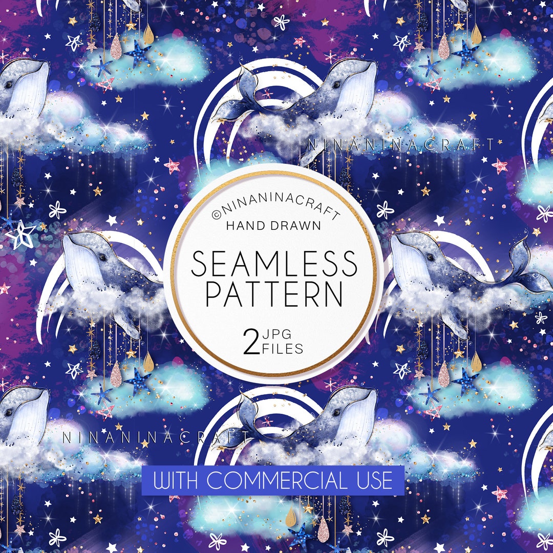 Glitter Blue Whale Seamless Pattern, Hand Drawn Fabric Pattern Design ...