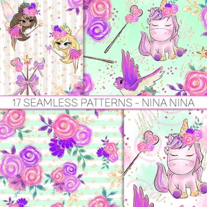 Fairy Digital Papers Pack, Glitter Unicorn Seamless Patterns for Fabric ...