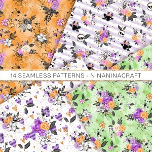 Halloween Flowers Digital Paper Pack, Cute Spooky Floral Seamless ...