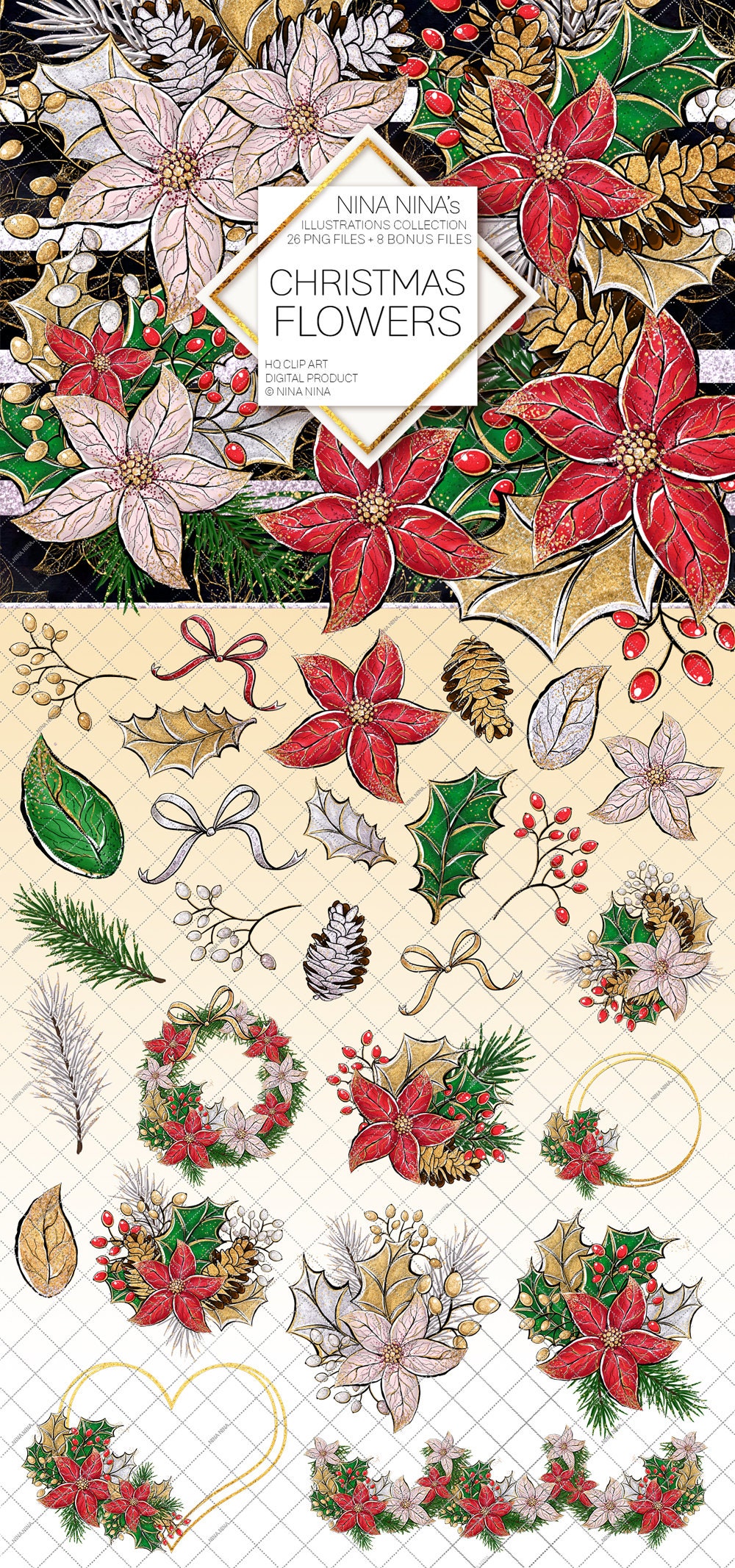 Christmas Flowers Clipart Poinsettia Clip Art Glitter | Etsy