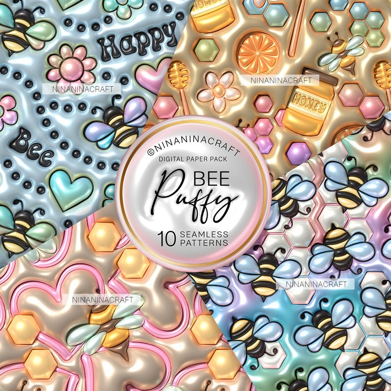 3D Inflated Puff Seamless Pattern Pack, Rainbow Bee, Bubble Puffy Wrap ...
