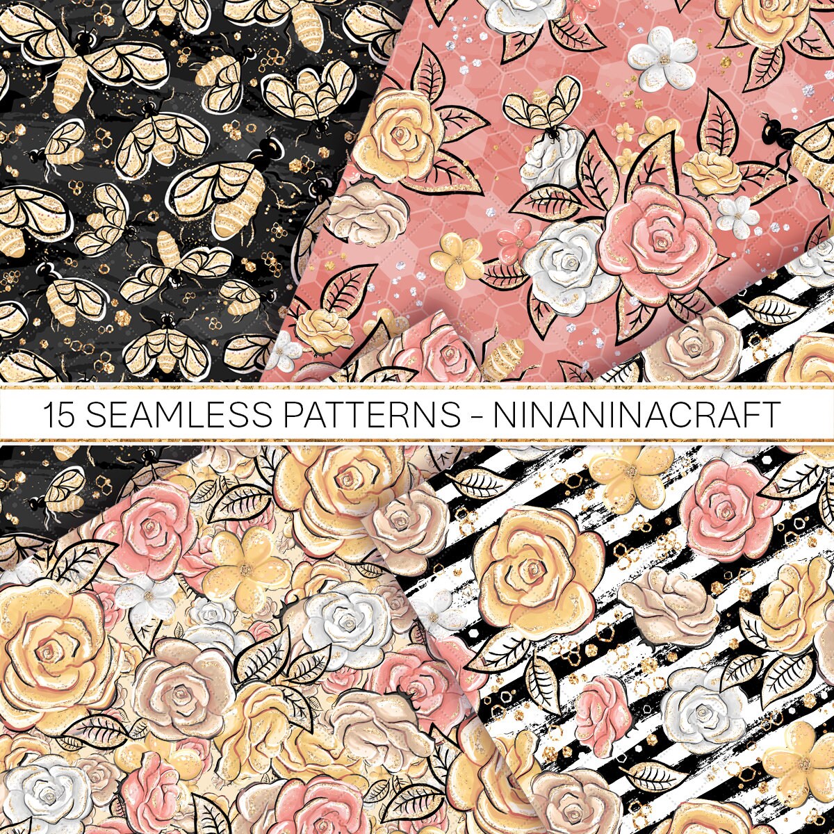 Honey Bee Digital Papers, Fashion Seamless Patterns, Gold Glitter ...
