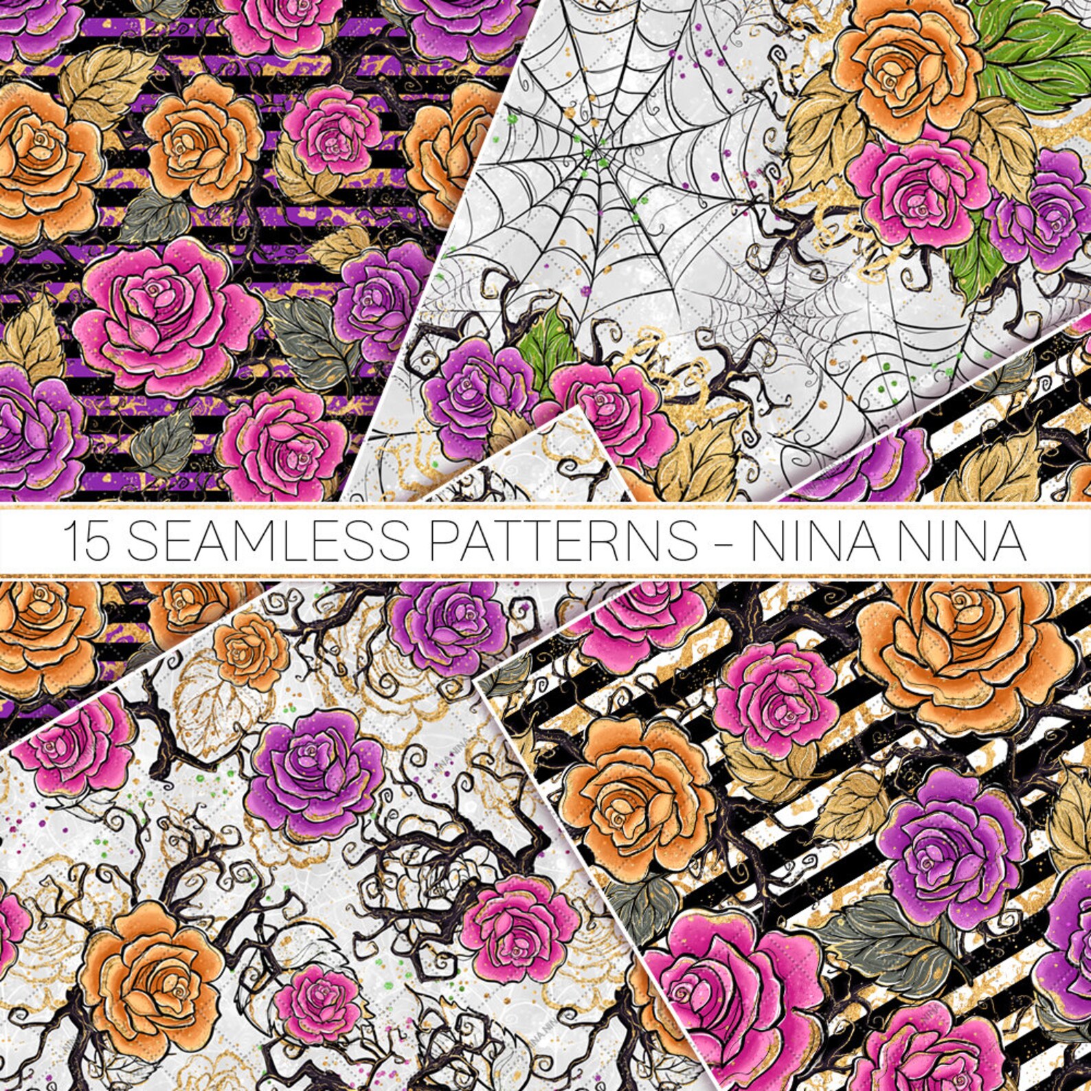 Halloween Flowers Digital Papers Cute Seamless Patterns | Etsy