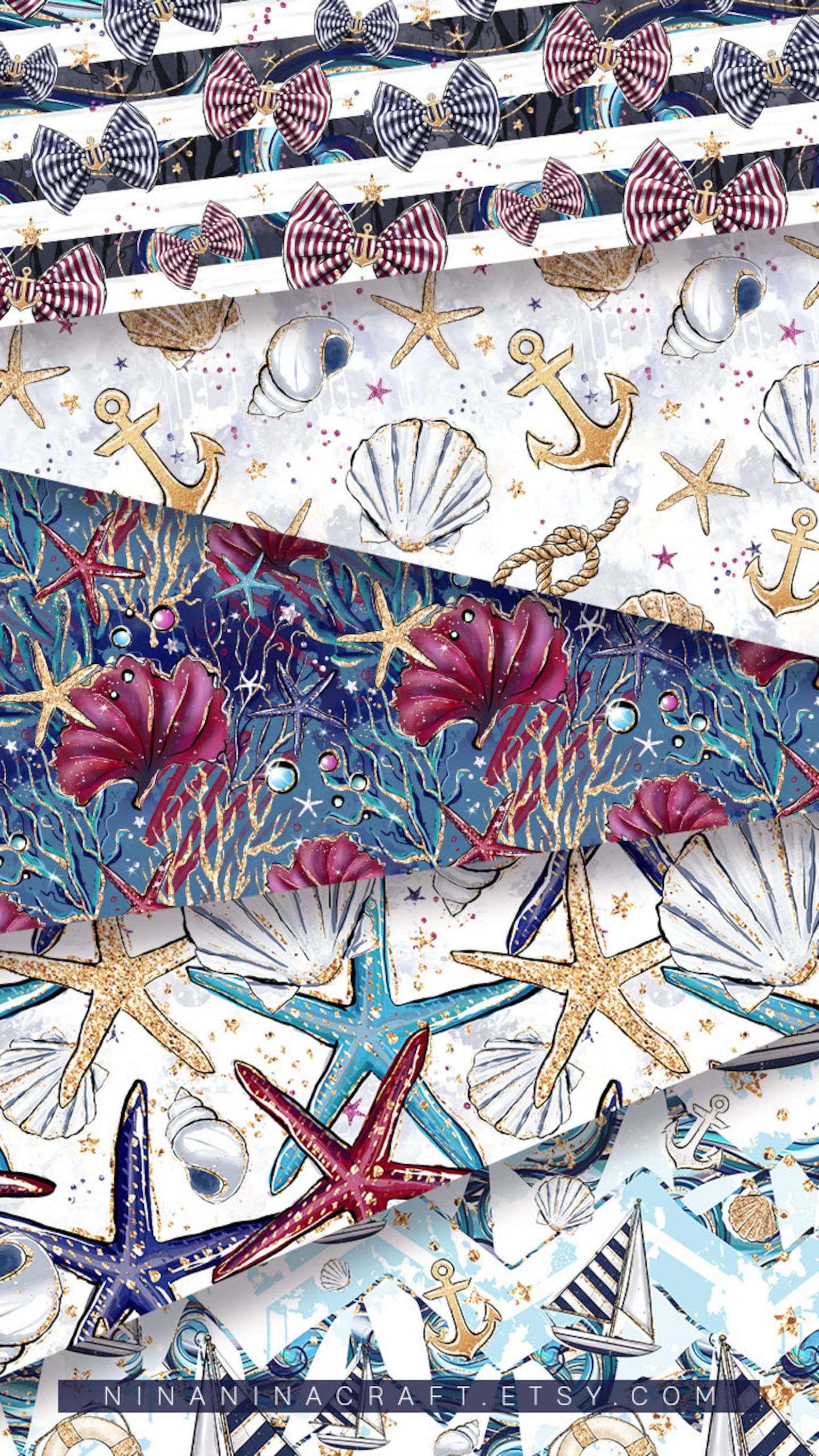 15 Nautical Digital Papers, Dark Sea Seamless Patterns, Summer Fashion ...
