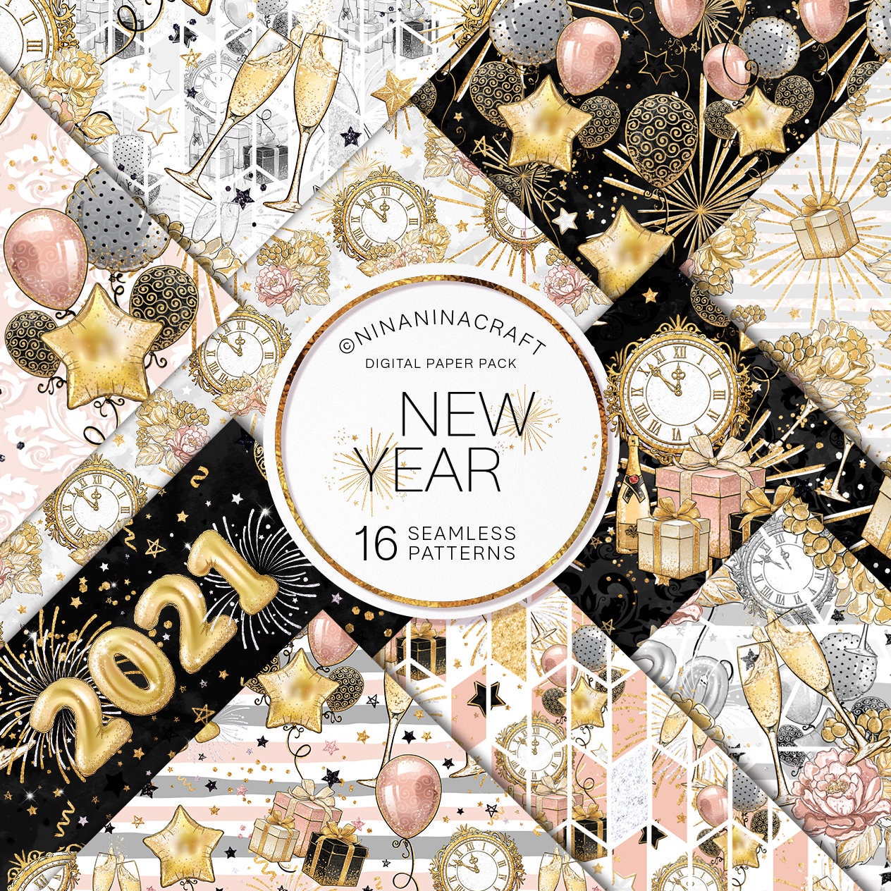 New Year Digital Paper Pack Peony Flowers Seamless Patterns | Etsy