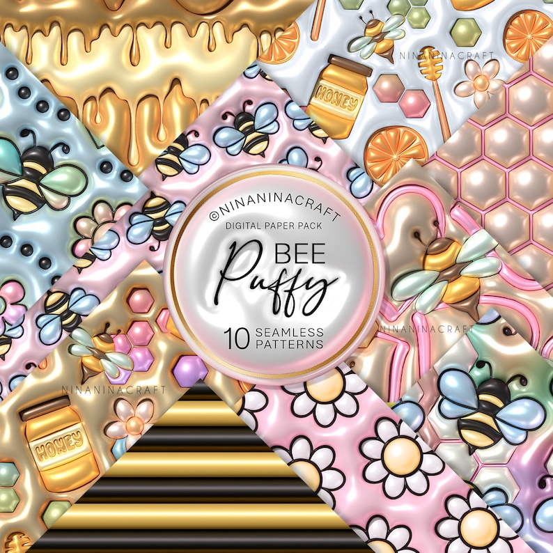 3D Inflated Puff Seamless Pattern Pack, Rainbow Bee, Bubble Puffy Wrap ...