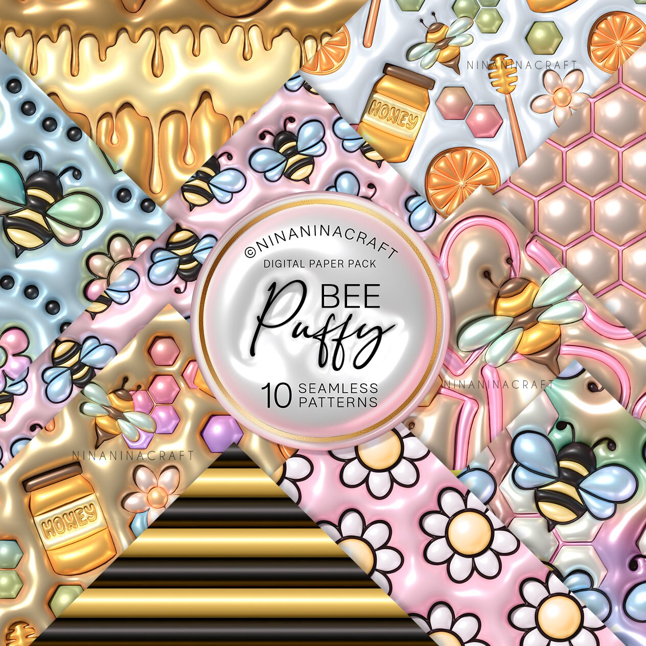 3D Inflated Puff Seamless Pattern Pack, Rainbow Bee, Bubble Puffy Wrap ...