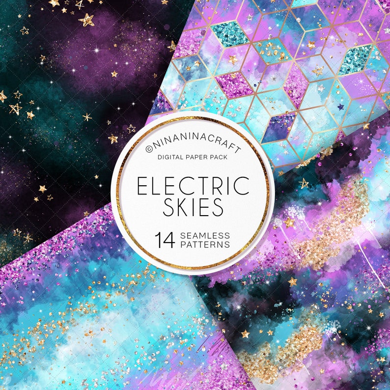 Electric Galaxy Digital Papers, Starry Night Seamless Patterns by ...