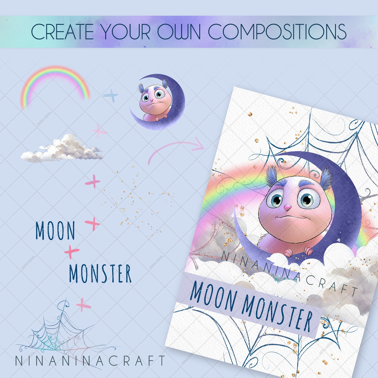 Cute Moon Monsters Clip Art Pack, Stars Clipart by Ninaninacraft ...
