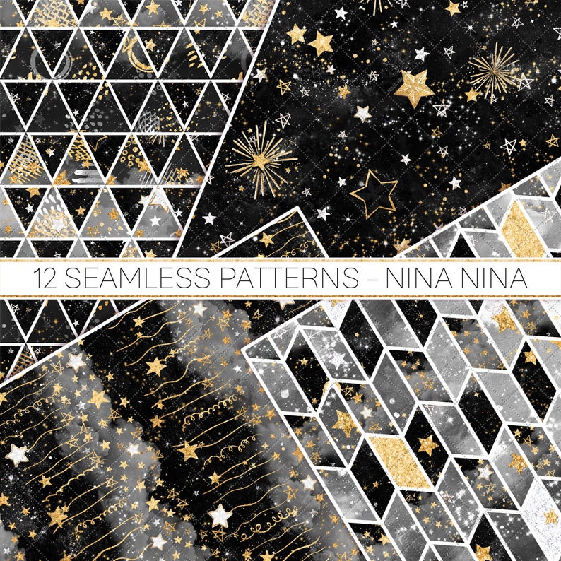 Stars Digital Papers, Gold Glitter Seamless Pattern, Black and White ...