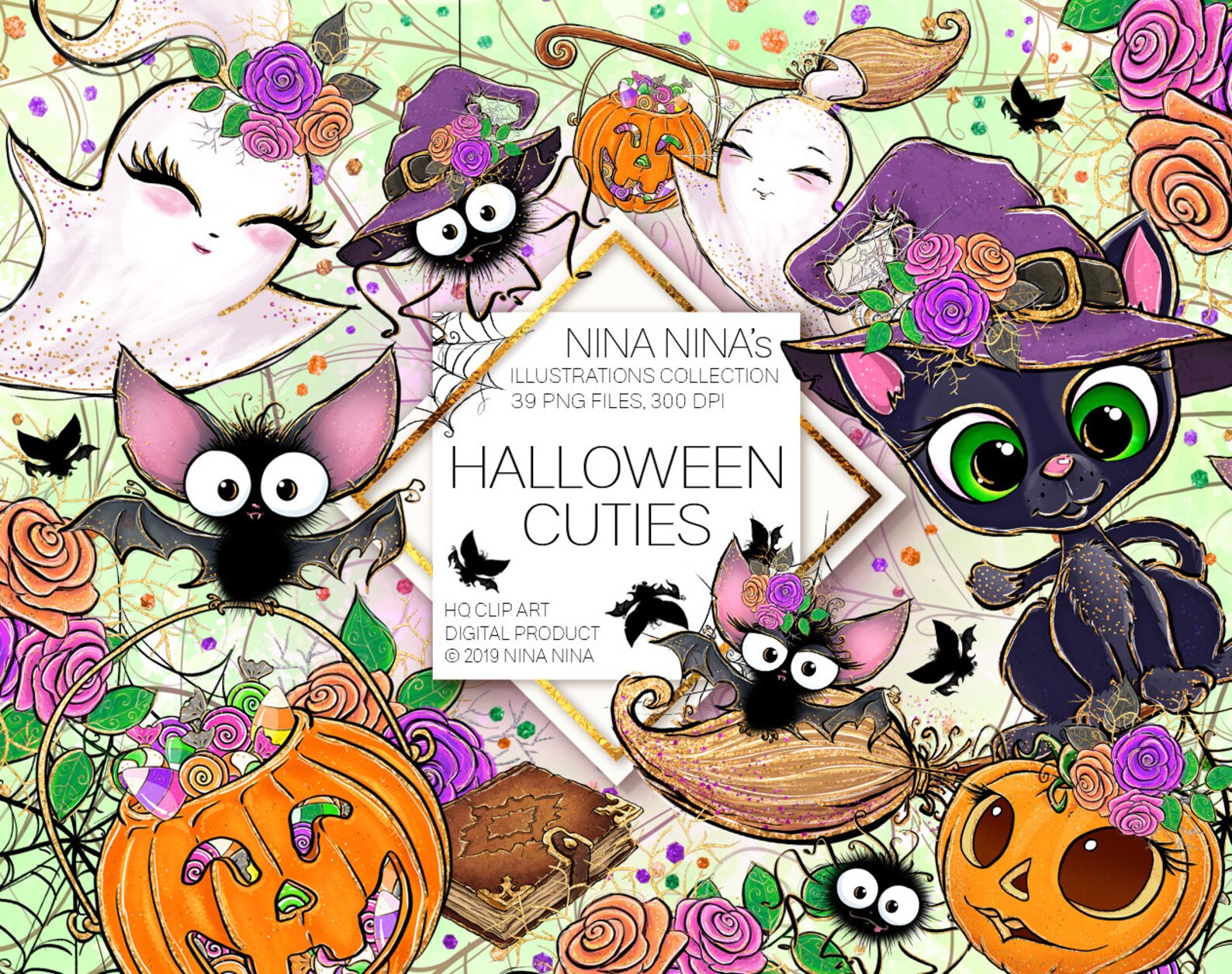 Cute Halloween Clipart Pack Spooky Glitter Clip Art Cute - Etsy