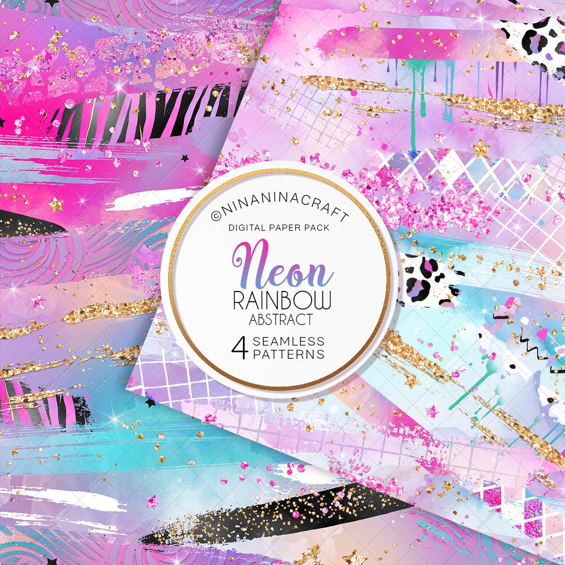 Abstract Neon Rainbow Digital Papers by Ninaninacraft, Colorful Hot ...