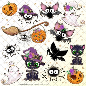 Cute Halloween Clipart Pack, Spooky Glitter Clip Art, Cute Bat, Candy ...