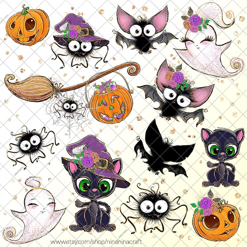 Cute Halloween Clipart Pack Spooky Glitter Clip Art Cute | Etsy