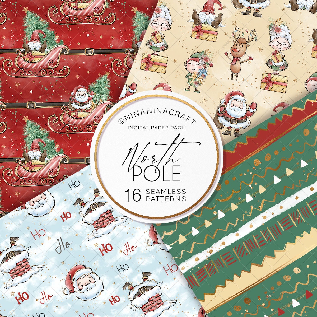 Santa Claus Digital Papers, Christmas Elf and Reindeer Seamless ...