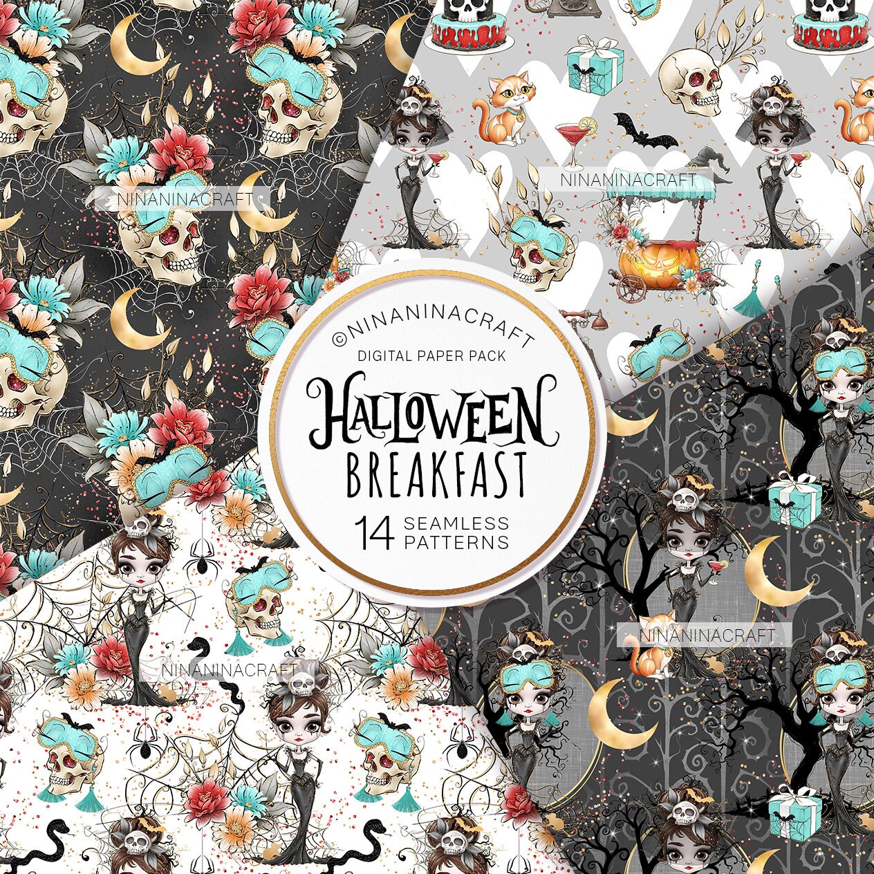 Hand-drawn Halloween Breakfast Seamless Pattern Pack, Gothic Audrey ...