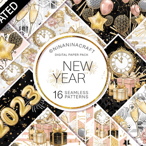 New Year's Eve Digital Paper Clock Champagne Flowers - Etsy