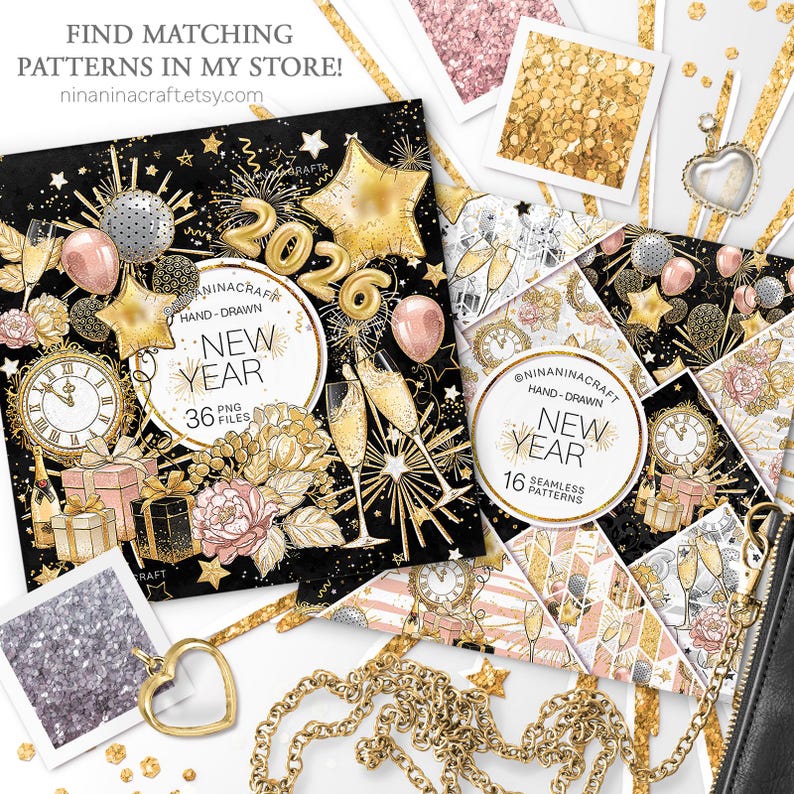 New Year Clipart, New Year's Planner Stickers, Party Clip Art, Gold ...
