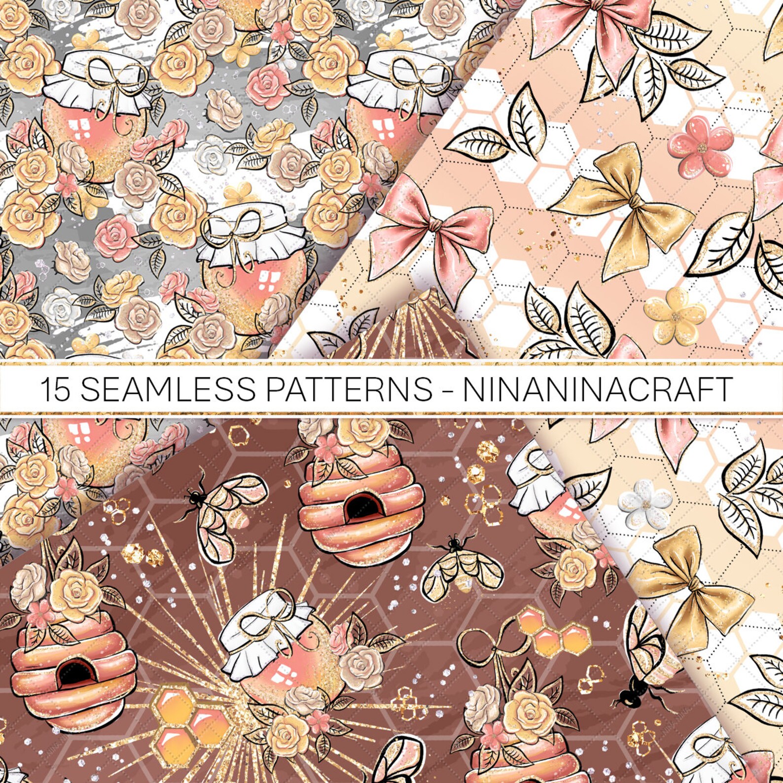 Honey Bee Digital Papers Fashion Seamless Patterns Gold | Etsy