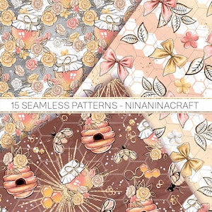 Honey Bee Digital Papers, Fashion Seamless Patterns, Gold Glitter ...