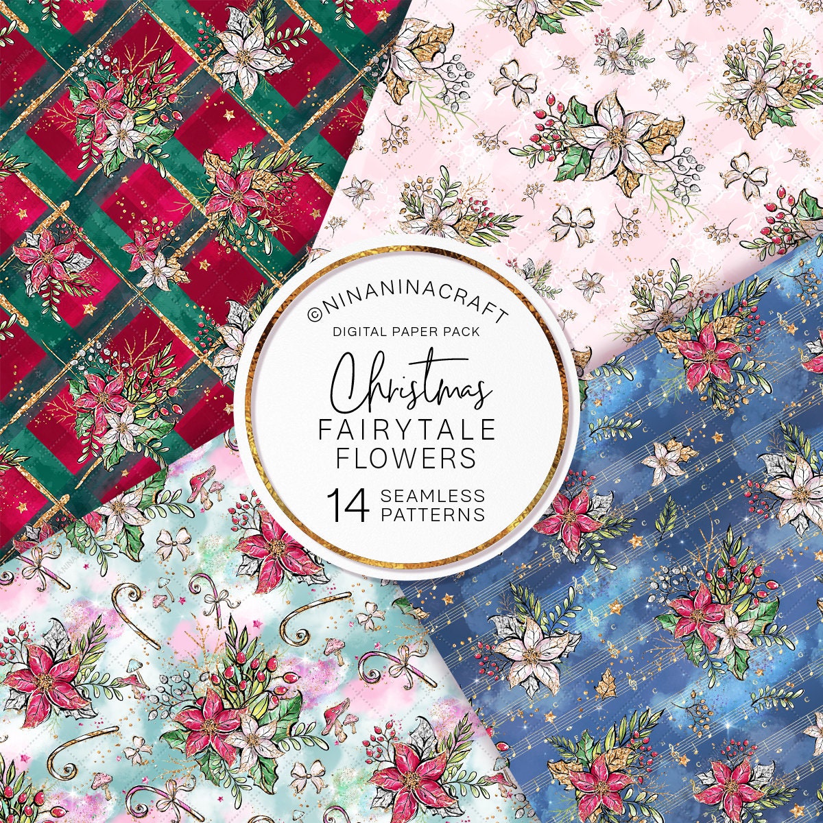 Christmas Flowers Digital Paper Pack Poinsettia Seamless - Etsy