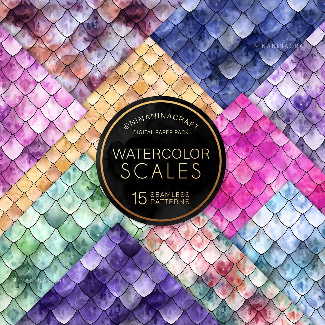 Hand-drawn Dragon Scales Digital Papers, Watercolor Mermaid Scales ...
