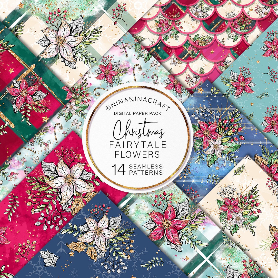 Christmas Flowers Digital Paper Pack Poinsettia Seamless - Etsy