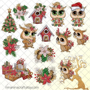 Cute Christmas Owls Clip Art Pack, Xmas Clipart, Glitter Planner ...