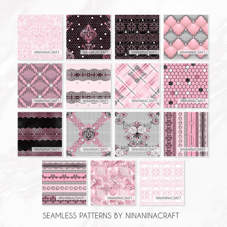 Pink and Black Lace Seamless Patterns, Elegant Digital Papers Pack by ...