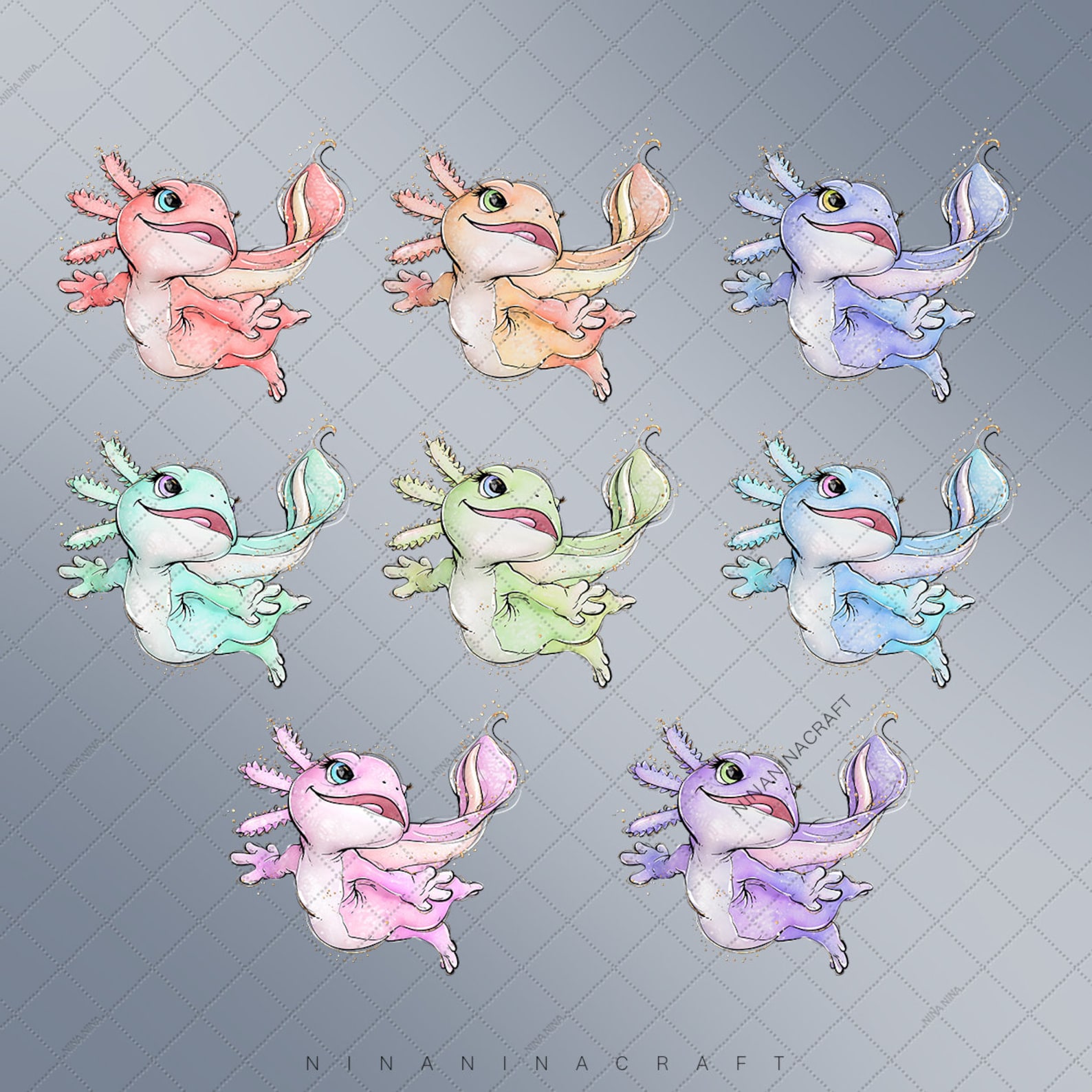 Colorful Axolotls Clip Art, Cute Rainbow Axolotls Clipart by ...