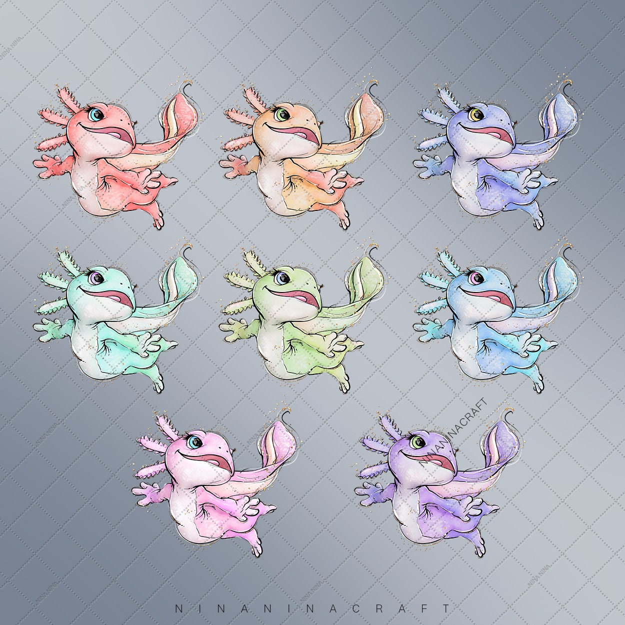 Colorful Axolotls Clip Art Cute Rainbow Axolotls Clipart by - Etsy