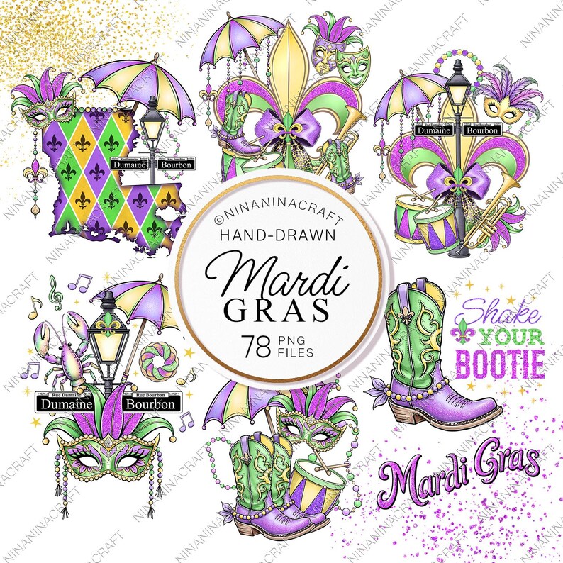 Mardi Gras Clipart by Ninaninacraft, Hand Drawn Clip Art Pack, Mardi ...