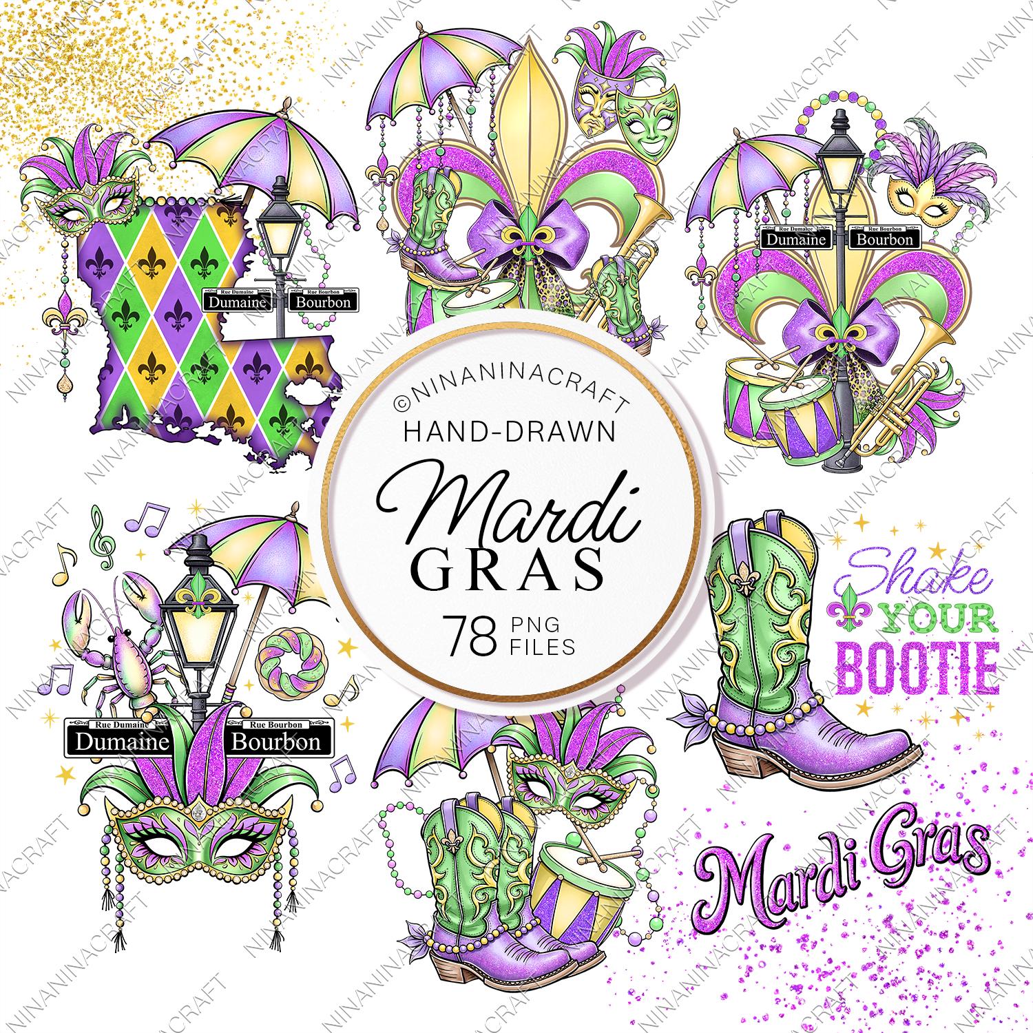 Mardi Gras Clipart by Ninaninacraft, Hand Drawn Clip Art Pack, Mardi ...