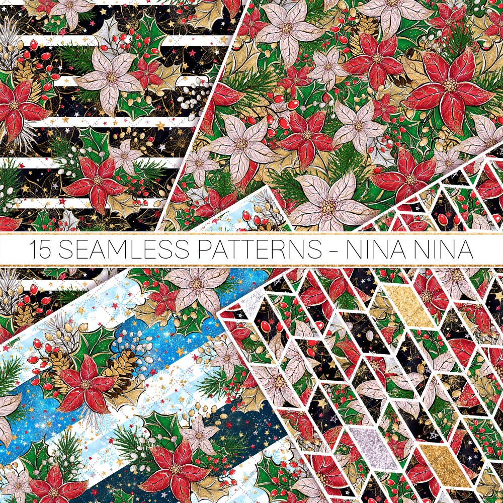 Christmas Flowers Digital Papers Poinsettia Seamless | Etsy