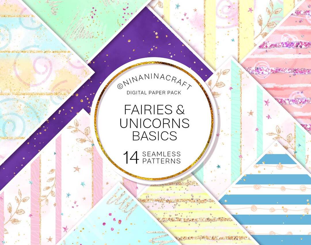 14 Fairy Digital Papers Basic Pack, Glitter Unicorn Seamless Patterns ...