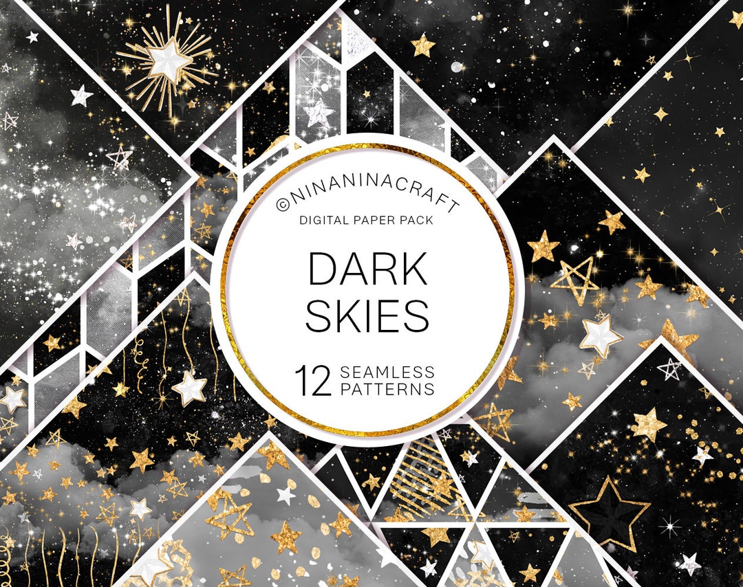 Stars Digital Papers, Gold Glitter Seamless Pattern, Black and White ...