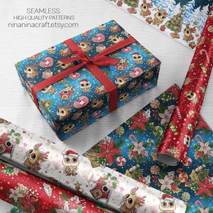 Cute Christmas Owls Digital Papers, Glitter Seamless Patterns ...
