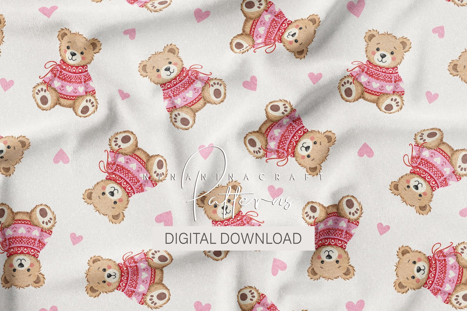 Valentines Teddy Bear Seamless Pattern by Ninaninacraft: Chiffon, Pink ...