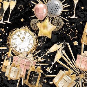 New Year Digital Paper Pack, Peony Flowers Seamless Patterns, Party ...